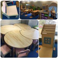 China HaiXun Kindergarten Classroom Furniture Table And Chairs  Rounded Edge for sale