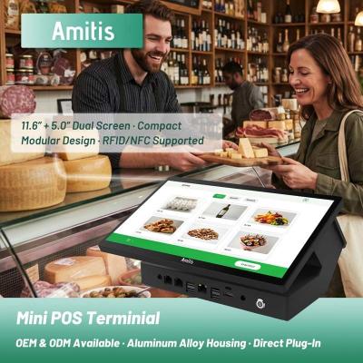 China Dual-Screen Mini POS Terminal with Aluminum Alloy Housing and Built-in 58mm Printer for Countertop Service for sale