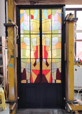China French Aluminum Folding Partition Doors with Custom Stained Glass for sale