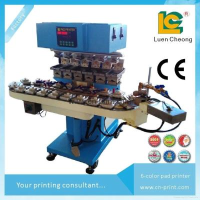 China 6-colors open ink well pad printing machine with flame treatment for bottle caps for sale