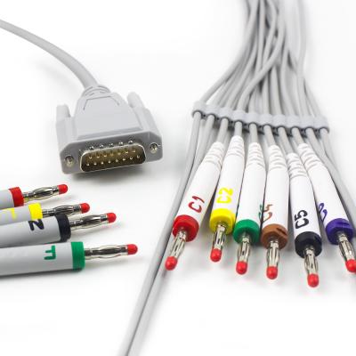China Gray ECG/EKG Cable 15-Pin Banana Connector with 10 Leads 2.4m Length for Medical Monitoring Devices for sale