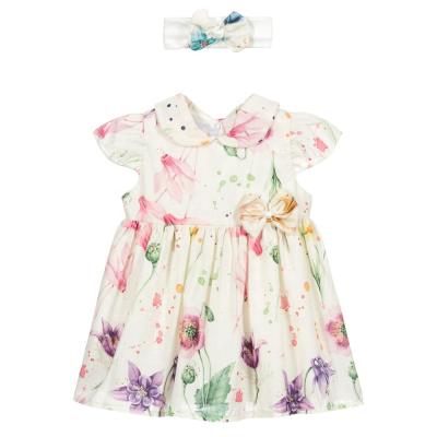 China Washable Ivory Dresses Set Floral Print Baby Summer Dress Ivory Dress With Headband for sale