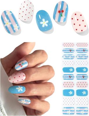China Cute Sweet Style Gel Nail Stickers Blue Pink Striped Daisy Cherry Design Self-Adhesive Nail Wraps for Summer Party Daily Wear for sale