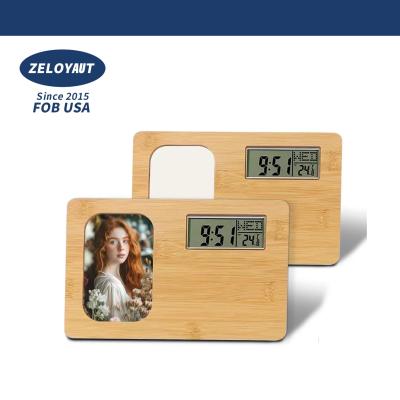 China Modern Wooden Alarm Clock & Photo Frame with Digital Display for Room Temperature & Humidity for Desktop Decoration for sale
