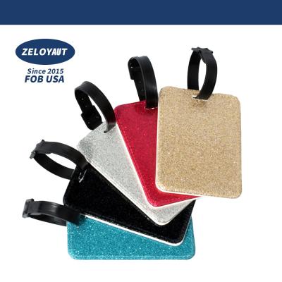 China Zeloyaut DIY Name Luggage Tag Blue Glitter PU Leather Sublimation Blank Flight Travel Tag Promotional Personalized Badge for sale