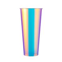 China Custom Logo IML Injection Molded Coffee Cups 12oz 16oz Rainbow Film Plastic Beverage Cups with Lids Disposable PP for sale