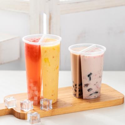 China Wholesale 95mm Caliber Dual Compartment Share Cup – Double-Sided Split Plastic Cup with Lid for Boba Tea, Juice & Mixed Beverages for sale