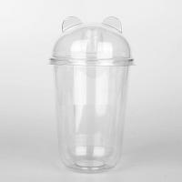 China Clear PET Plastic Dessert Cups 400ml 500ml 700ml with Bear Ear Dome Lids Custom Printing for sale