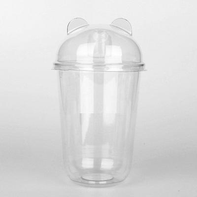 China Clear PET Plastic Dessert Cups 400ml 500ml 700ml with Bear Ear Dome Lids Custom Printing for sale