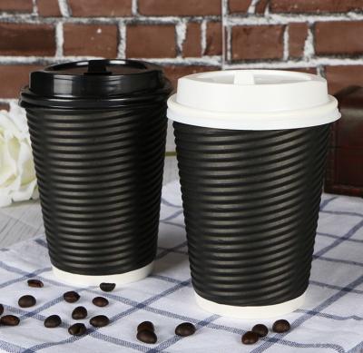 China Custom Black Ripple Wall Disposable Paper Cup 90mm Double Wall Kraft Coffee Cup with Lid for sale