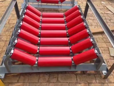 China Galvanized Steel Frame Red Conveyor Idler Roller Roller Suitable For Mining Material Handling for sale