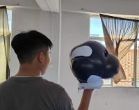 China Customized PVC Inflatable Black Funny Cartoon Animal Head Hood Adult Size 1.5kg for sale