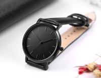 China Fashionable Quartz Mens Black Leather Watch 3 ATM Waterproof Black Plated for sale