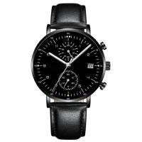 China Chronograph Function Alloy Men Quartz Wristwatch Black Genuine Leather Strap Watch for sale