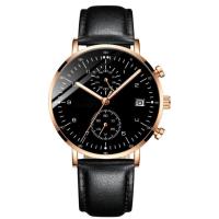 China Chronograph Function Alloy Men Quartz Wristwatch Black Genuine Leather Strap Watch for sale