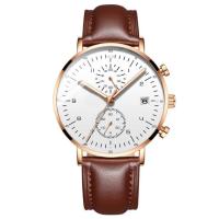 China Chronograph Function Alloy Men Quartz Wristwatch Black Genuine Leather Strap Watch for sale