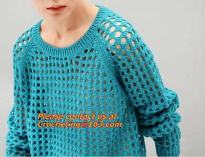 China Women Loose Crochet Knitted Blouse O Neck Hollow Pullover Wool Sweater Top Size M L for sale