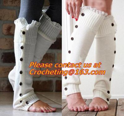 China Girls Knitted Leg Warmers Crochet Lace Trim Buttons 41cm Acrylic Custom for sale