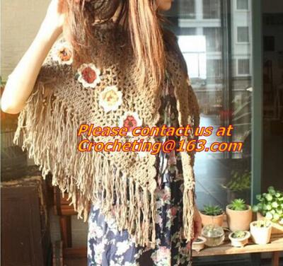 China Women's Hand Crochet Cotton Poncho with Roll Neck Green Mexican Print Knit Cape for sale