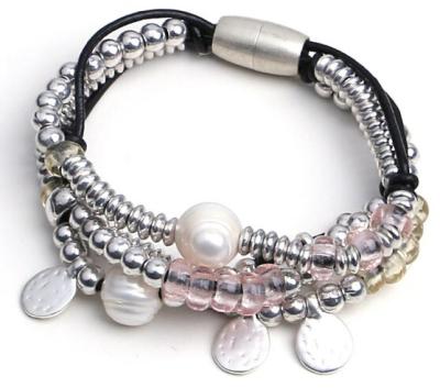 China Men's Multi-Row Black Real Leather Bio Magnetic Bracelet Health Jewelry 120pcs MOQ for sale
