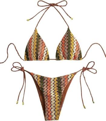 China Women's Hand Crochet Triangle Bikini Set Halter Knit Swimsuit S M L Black White Camel for sale