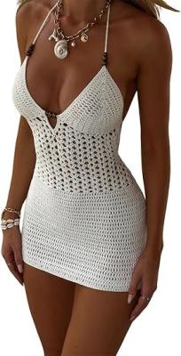 China Women Crochet Halter Mini Dress Beach Cover Up Swimwear Handmade Knitted Sizes S M L for sale