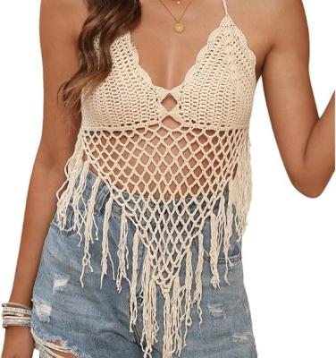 China Women Crochet Halter Top Backless Bikini Cover Up Tassel Boho Beach Swimsuit Size S-XL for sale
