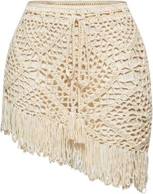 China Women's Crochet Beach Cover Up Skirt Hollow Out Sheer Fringe Mini Dress S-XXL for sale