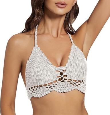 China Women Crochet Bikini Halter Bralette Backless Knit Bra Tops Summer Beach Swimwear Cover Up Hand Crochet Shawl Capelet for sale