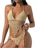 China Women's Hand Crochet Halter Bikini Cover Up Set Hollow Out Beach Swimsuit Skirt Knitted Texture S/M/L for sale