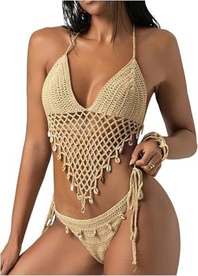 China Women's Hand Crochet Halter Bikini Cover Up Set Hollow Out Beach Swimsuit Skirt Knitted Texture S/M/L for sale