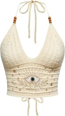 China Women Plus Size Crochet Halter Crop Top Lace Up Backless Embroidered Boho Tank Swimsuit Cover Up S M L for sale