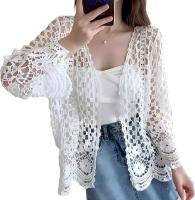 China Women Crochet Long Sleeve Cardigan Hollow Out Open Front Lightweight Beach Cover Up S/M/L for sale