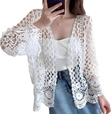 China Women Crochet Long Sleeve Cardigan Hollow Out Open Front Lightweight Beach Cover Up S/M/L for sale