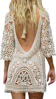 China Women Crochet Lace Swimsuit Cover Up Long Sleeve Hollow Out Beach Dress Size M L for sale