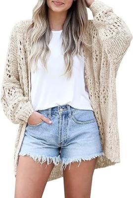 China Women Crochet Cardigan Open Front Hollow Out Long Sleeve Knit Cover Up S/M/L for sale