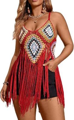 China Women Plus Size Crochet Swimsuit Cover Up Hollow Out Fringe Sleeveless Beach Tops S M L for sale