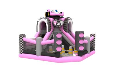 China Pvc Tarpaulin Inflatable Fun City Crazy Racing With Purple Slide for sale