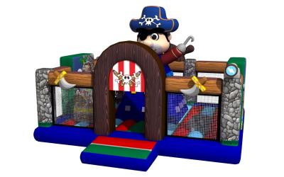 China Pirate Themed Kids Inflatable Bounce House Full Printing With Climbing Wall On Middle for sale