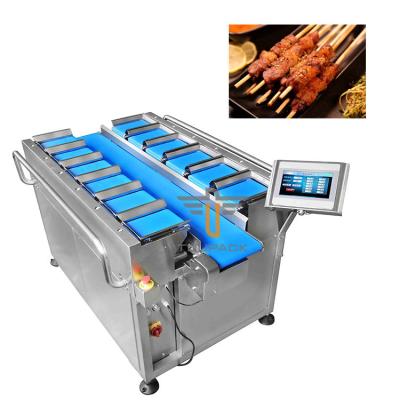 China PLC Electronic Weighing Scales Steak Fish Chicken Seafood Shrimp Sausage Weight Multiheads Belt Feeder Combination for sale