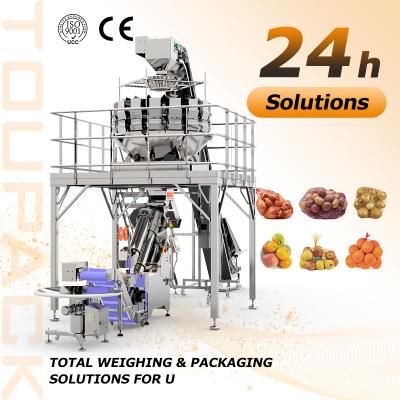 China Fully Automatic Mesh Bag Packing Line For Fruits & Vegetables Net Bag Filling Clipping Machine With Mtulihead Weigher for sale