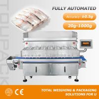 China 7-Head Flip Type Multihead Weigher for Sticky Seafood with 20–30 packs/min Speed and Memory Hopper for sale