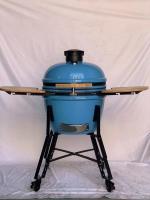 China 22 Inch Ceramic Kamado Grill Blue Smooth Surface Charcoal BBQ with Bamboo Handle for sale