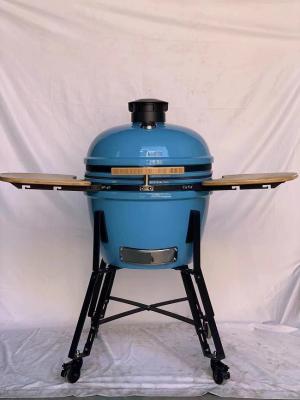 China 22 Inch Ceramic Kamado Grill Blue Smooth Surface Charcoal BBQ with Bamboo Handle for sale