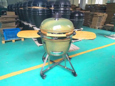 China 24 Inch Ceramic Kamado Grill with Iron Top Cap and Nylon Wheels for BBQ and Pizza Oven for sale