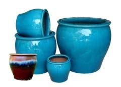 China Glazed Ceramic Outdoor Plant Pot 43x39cm Round Blue Garden Flower Planter for sale