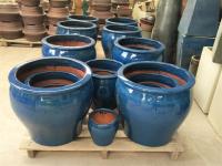 China Glazed Ceramic Outdoor Plant Pot 43x39cm Round Blue Garden Flower Planter for sale