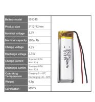 China Small 3.7V 200mAh 501240 Li Polymer Battery for Electronic Toys and Smart Devices for sale