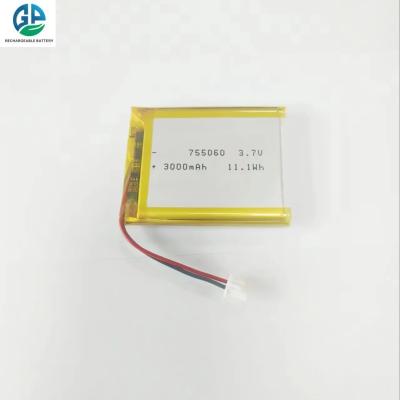 China High Discharge Rate Battery 3.7V 3000mah 30C Max60C Rechargeable Lipo Battery 755060 3.7v 3000mah li-ion battery for Digital Products for sale