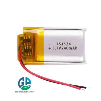 China Rechargeable Lipo 10C Lithium Battery Cells 3.7V 240mAh 751525 751524 For Mobile Power Charging Treasure Power GPS for sale